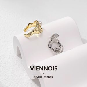 VIENNOIS Women Pearl Engagement Ring, 925 Sterling Silver Adjustable with 4mm White Freshwater Cultured Pearl Ring for Women Girls Gifts (gold)