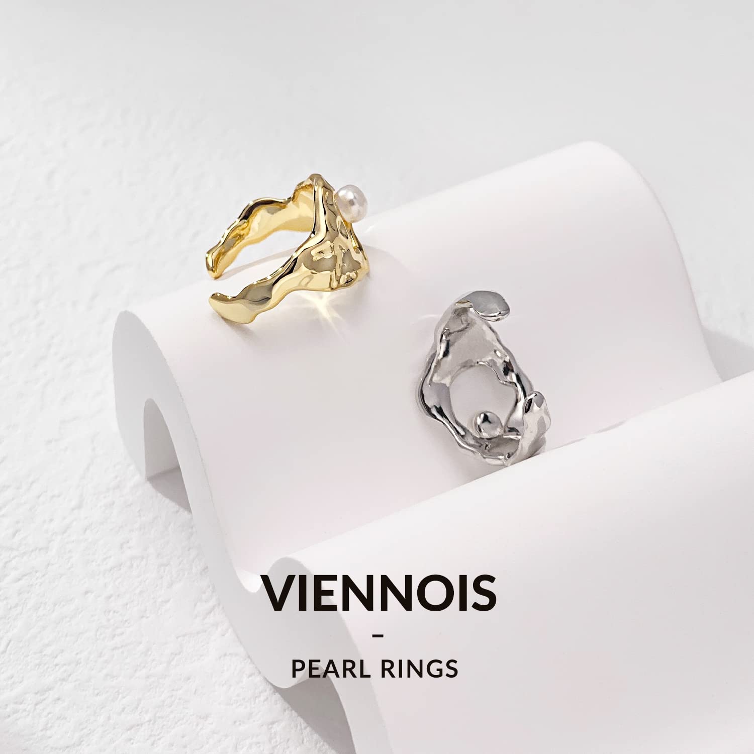 VIENNOIS Women Pearl Engagement Ring, 925 Sterling Silver Adjustable with 4mm White Freshwater Cultured Pearl Ring for Women Girls Gifts (gold)