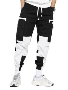 wdirara men's colorblock patchwork streetwear cargo pants active sporty pants with pockets black and white s