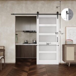 BARNER HOME 36in x 84in Sliding Barn Door, MDF, Primed, 5 Glass Panel,Need to Assemble, with 6.6ft Hardware, Handle and Floor Guide