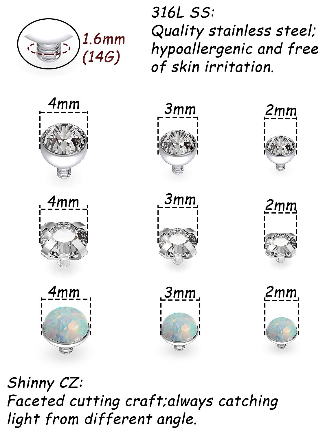 Vqoxaggi 18PCS 14G Grade 23 Titanium Dermal Anchor Tops Internally Threaded Clear Gem Dermal Piercing Jewelry for Women Men, VXG0003