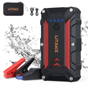 litake 1500a 12v car jump starter with sos led light, vehicles auto battery booster pack 16000mah for up to 8l gas and 6l diesel engines, ip68 waterproof portable power bank for traveling camping