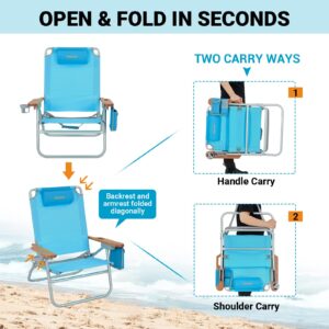 #WEJOY Oversized Beach Chair, 5 Adjustable Reclining Folding Backpack Beach Chairs for Adult, High Back Seat Chair with Bottle Opener,Handle Strap,Phone&Cup Holder for Camping Sand,300 Lbs