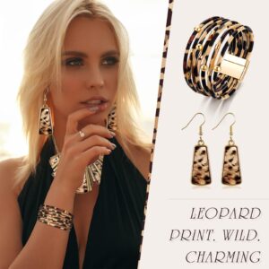 3 Pieces Leopard Necklace Earrings Bracelets Jewelry Set Women Bohemia Leopard Print Bib Chain Necklace Bracelet Print Jewelry Multi Layer PU Leather Wrist Cuff Wrap Bracelet Leopard Gift Accessories