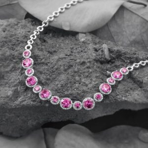 Gemsme 18k White Gold Plated Halo Cubic Zirconia Necklace Faux Pink Diamond Necklace for Women 16 inch