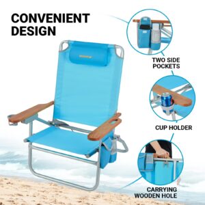 #WEJOY Oversized Beach Chair, 5 Adjustable Reclining Folding Backpack Beach Chairs for Adult, High Back Seat Chair with Bottle Opener,Handle Strap,Phone&Cup Holder for Camping Sand,300 Lbs