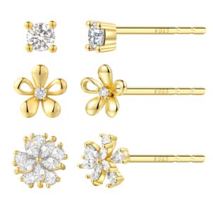 925 sterling silver post flowers stud earrings 14k gold plated 3 pair earrings set for women hypoallergenic cubic zirconia tiny snowflake earring for girl