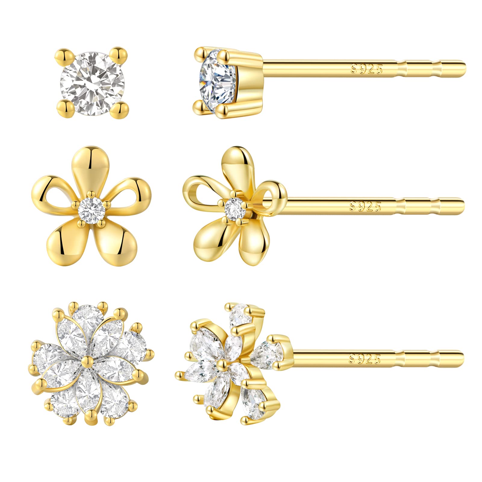 925 Sterling Silver Post Flowers Stud Earrings 14k Gold Plated 3 Pair Earrings Set for Women Hypoallergenic Cubic Zirconia Tiny Snowflake Earring for Girl