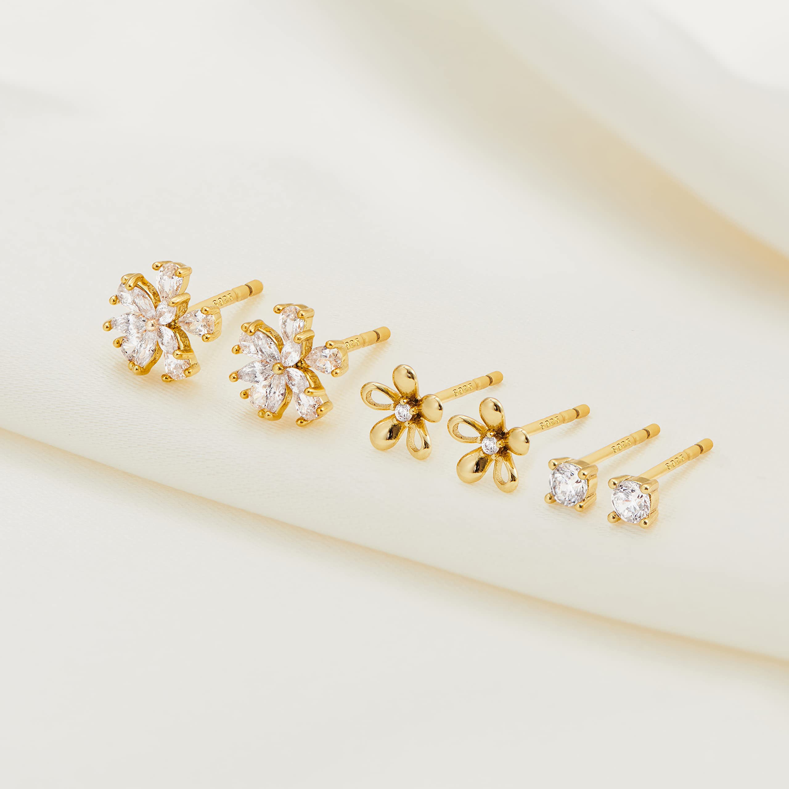 925 Sterling Silver Post Flowers Stud Earrings 14k Gold Plated 3 Pair Earrings Set for Women Hypoallergenic Cubic Zirconia Tiny Snowflake Earring for Girl