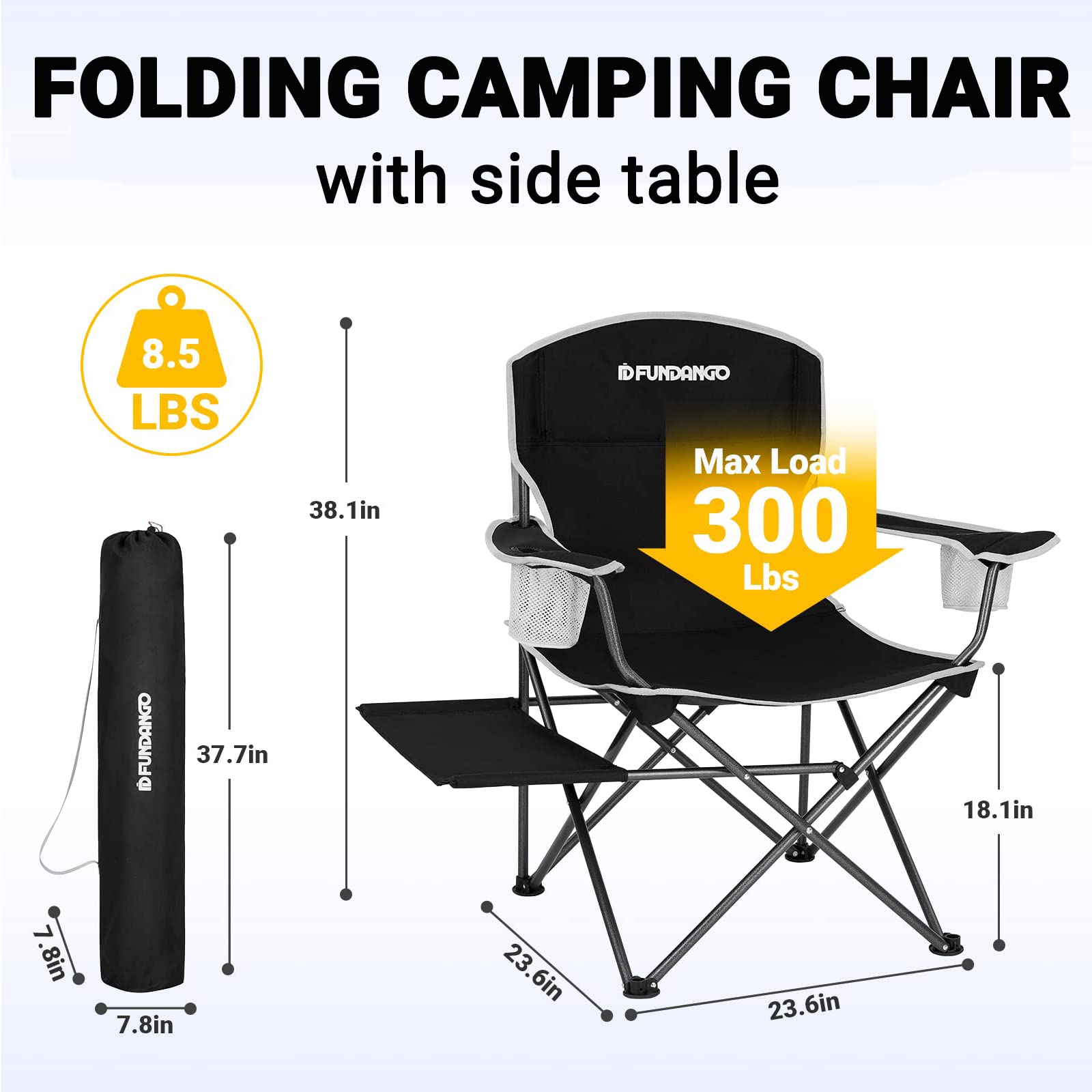 FUNDANGO Folding Padded Camping Arm Chair, Portable Outdoor Full Back Lawn Chair with Side Table Cup Holder Side Pocket for Garden Camping Picnic BBQ Concert with Carry Bag, Support 300LBS