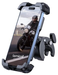 lamicall motorcycle phone mount, bike phone holder - upgrade quick install handlebar clip for bicycle scooter, cell phone clamp for iphone 16 15 pro max/ 14/13, galaxy s10 and more 4.7-6.8" phone