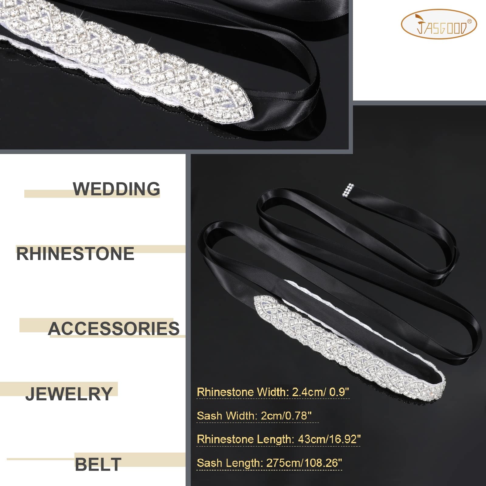 JASGOOD Bridal Rhinestone Wedding Belt Silver Rhinestone Sash Belt for Women Formal Evening Dress(Black Sash,Free Size)