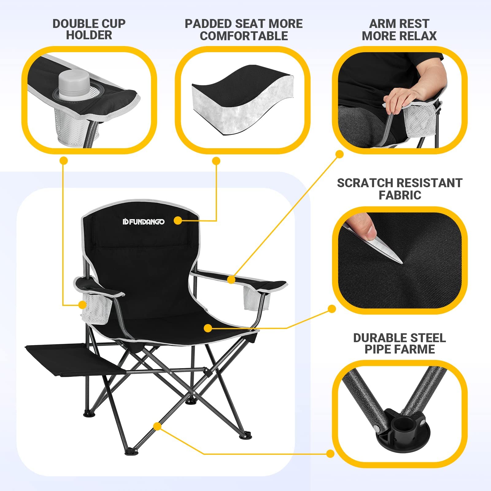 FUNDANGO Folding Padded Camping Arm Chair, Portable Outdoor Full Back Lawn Chair with Side Table Cup Holder Side Pocket for Garden Camping Picnic BBQ Concert with Carry Bag, Support 300LBS