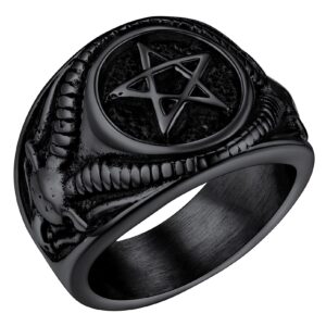 baphomet goat biker signet rings women black stainless steel satan inverted pentacle pinky finger jewelry