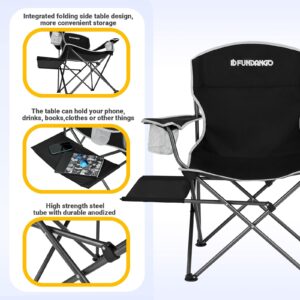 FUNDANGO Folding Padded Camping Arm Chair, Portable Outdoor Full Back Lawn Chair with Side Table Cup Holder Side Pocket for Garden Camping Picnic BBQ Concert with Carry Bag, Support 300LBS