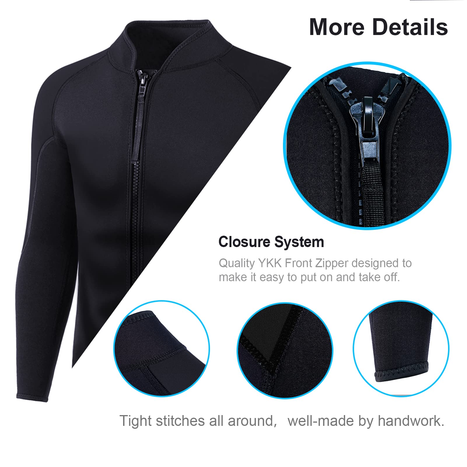 HIGI Flexel Wetsuit Top Men,2mm Mens Wetsuit Top Keep Warm in Cold Water Front Zip Wetsuit Jacket Men for Surfing,Kayaking,Snorkeling,Paddle Boarding, Mens Black, X-Large