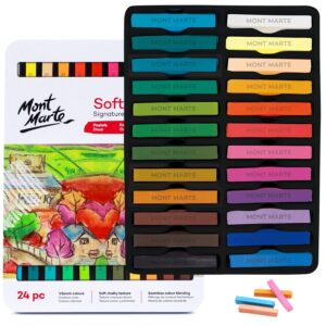 mont marte soft pastels in tin box signature 24pc, 24 assorted colors, vibrant pastel sticks, great blending, comes in storage case, ideal for art, craft, coloring and sketching