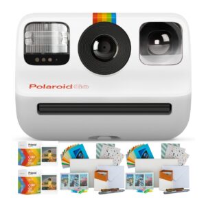 polaroid go everything box bundle with polaroid go color film (2-pack), 3 magnetic and 10 hanging frames and storage box, postcard set (20-pack) with metallic pen set (5 items)