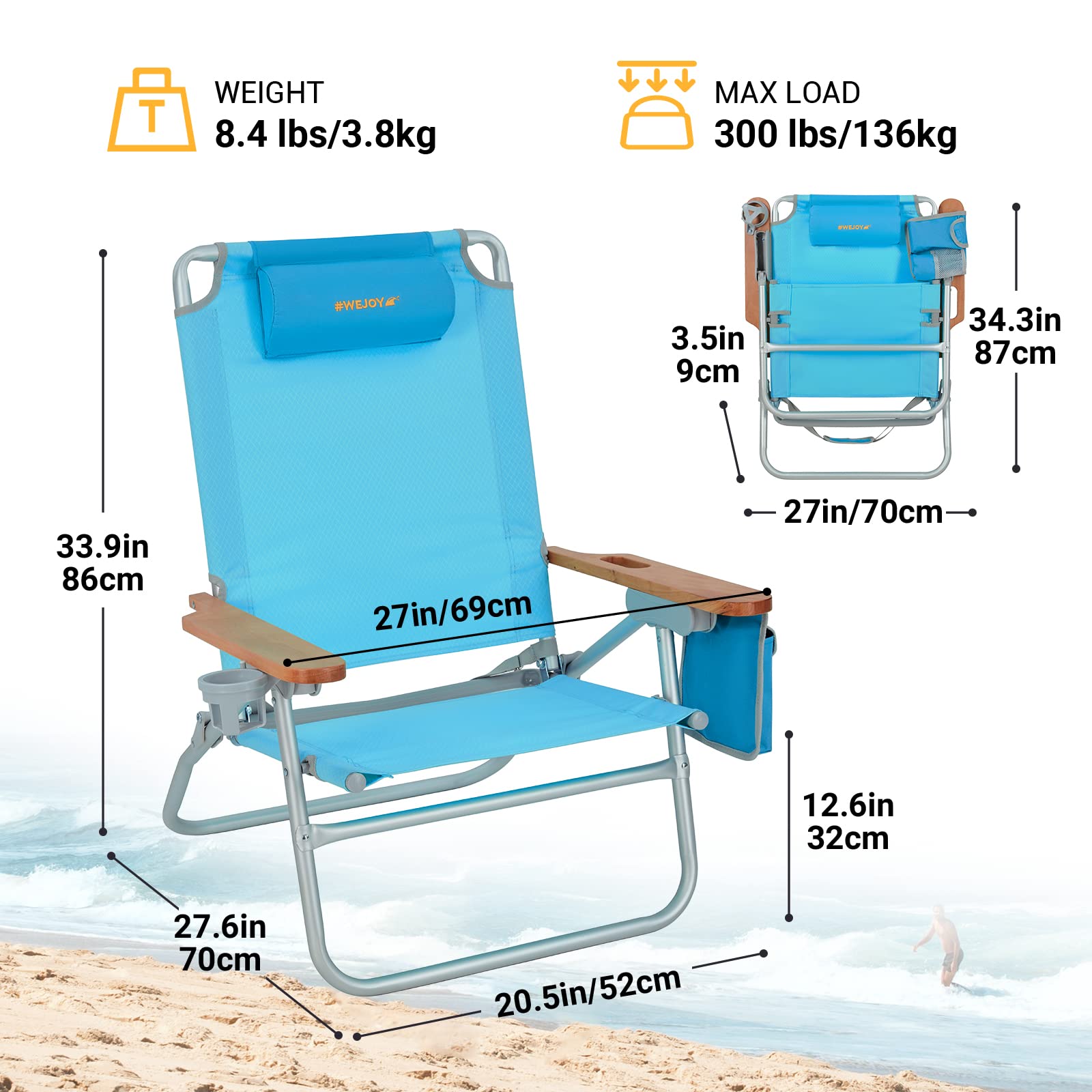 #WEJOY Oversized Beach Chair, 5 Adjustable Reclining Folding Backpack Beach Chairs for Adult, High Back Seat Chair with Bottle Opener,Handle Strap,Phone&Cup Holder for Camping Sand,300 Lbs