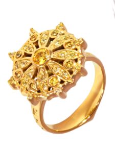 ethniq felicia collection statement ring floral design 22k gold plated adorned with yellow sapphire cubic zirconia gift ideas for all occasions & seasons women's rings size 10.25