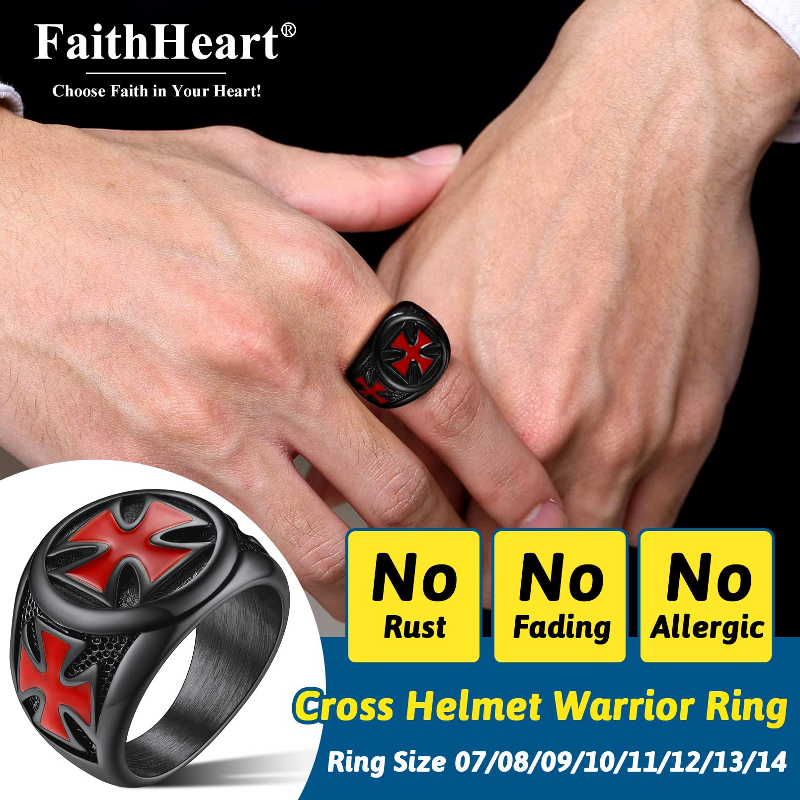 FaithHeart Masculine Punk Knight Templar Cross Ring Size 10 Fashion Stainless Steel Maltese Symbol Jewelry for Woman