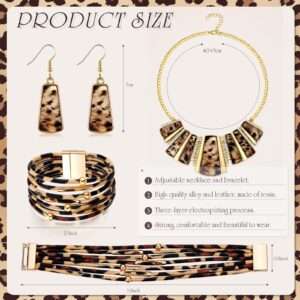 3 Pieces Leopard Necklace Earrings Bracelets Jewelry Set Women Bohemia Leopard Print Bib Chain Necklace Bracelet Print Jewelry Multi Layer PU Leather Wrist Cuff Wrap Bracelet Leopard Gift Accessories