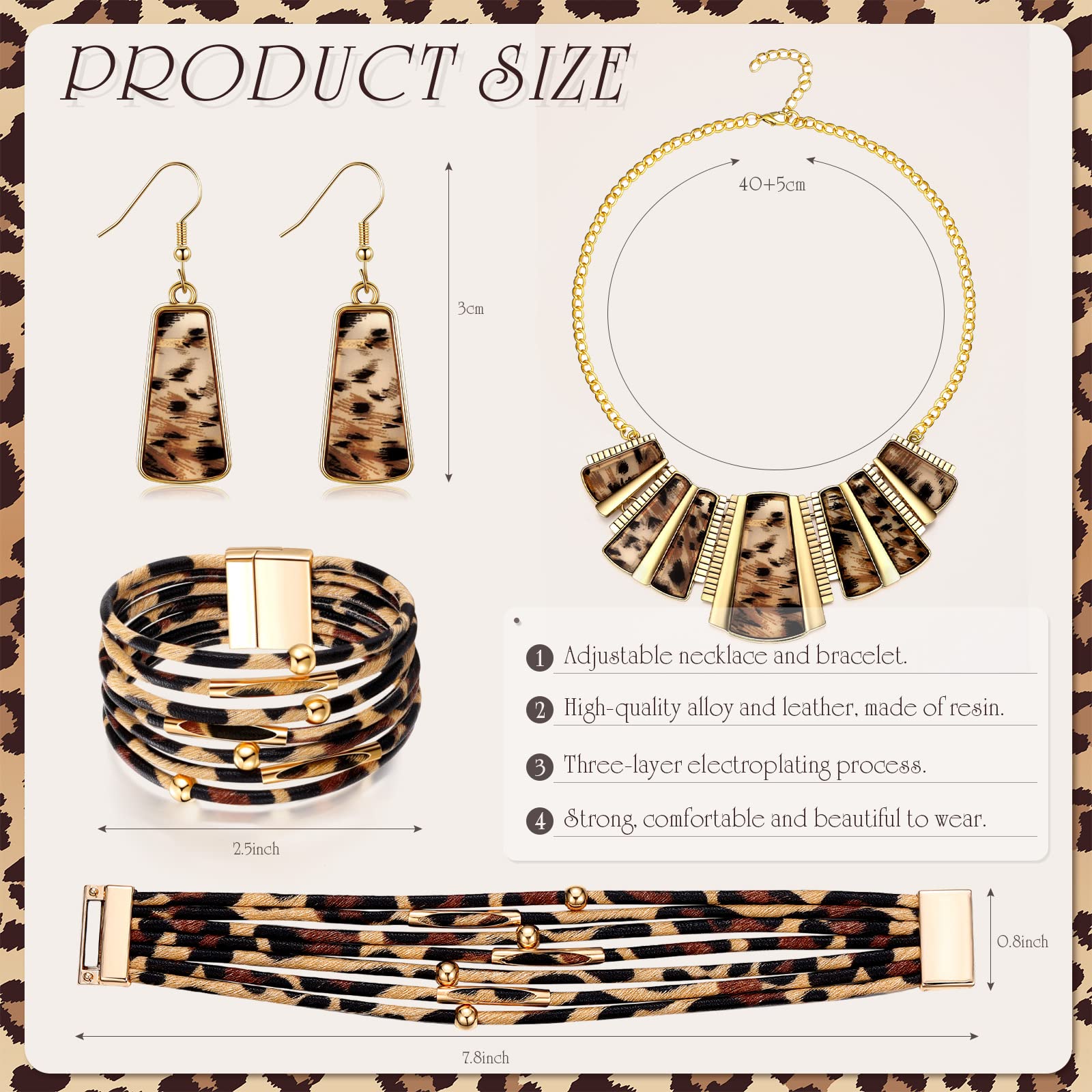 3 Pieces Leopard Necklace Earrings Bracelets Jewelry Set Women Bohemia Leopard Print Bib Chain Necklace Bracelet Print Jewelry Multi Layer PU Leather Wrist Cuff Wrap Bracelet Leopard Gift Accessories