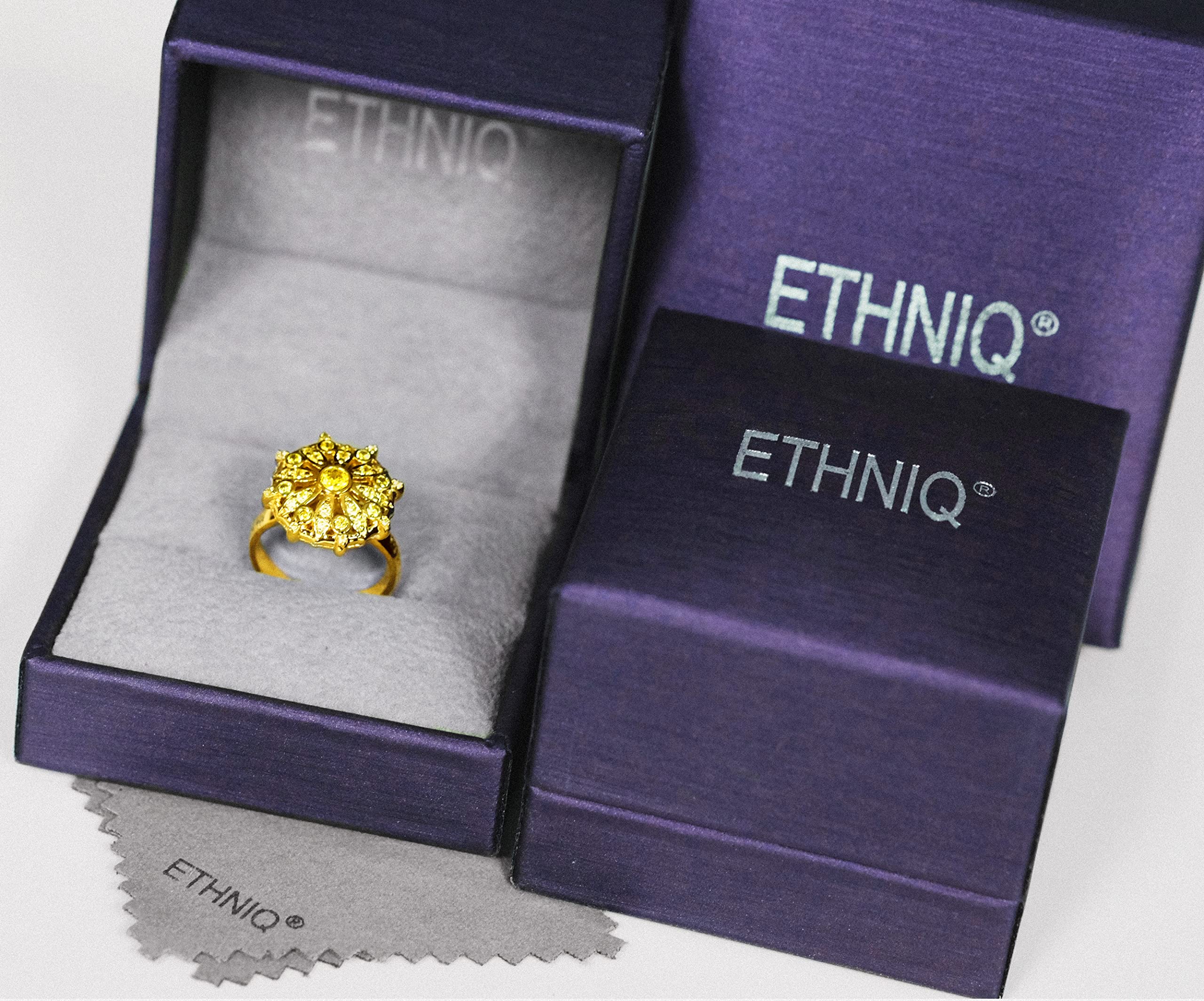 ETHNIQ Felicia Collection Statement Ring Floral Design 22K Gold Plated adorned with Yellow Sapphire Cubic Zirconia Gift Ideas for All occasions & Seasons Women's rings Size 10.25