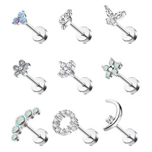 florideco 9pcs 16g cartilage stud earring for women 316l stainless steel screw flat back earrings butterfly moon flower crawler helix tragus daith piercing jewelry sliver