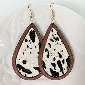 Bohemia Cow Leopard Print Earrings Lightweight Genuine Leather Wood Teardrop Earrings Handmade Western Vintage Cowgirl Cowboy Turquoise Jewelry