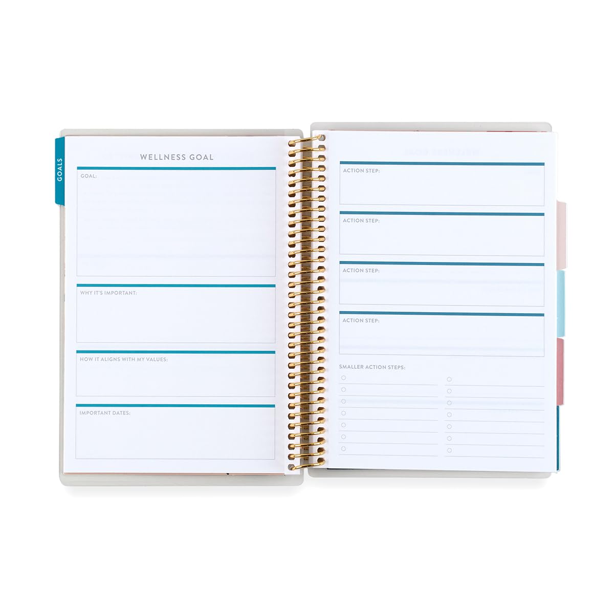 A5 Spiral - Bound Wellness Planner. 3 Months of Planning Pages. Daily Food, Movement, and Self-Care Trackers. Reflection and Celebration Pages. 6 Tabs. Sticker Sheet Included by Erin Condren.