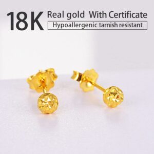 Solid 18k Gold Ball stud Earrings for Women Real Gold, Dainty Diamond-Cut Yellow Bead Push Back Tiny Gift for Lady, Rose Gold With Certificate Fine Bride Jewelry Birthday Wedding Prom Party, 5MM