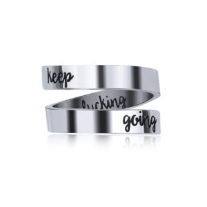 yifnny engraved open ring, stainless steel adjustable wrap ring inspirational ring engraved keep going personality encouragement gifts ring for women men (keep going-silver)