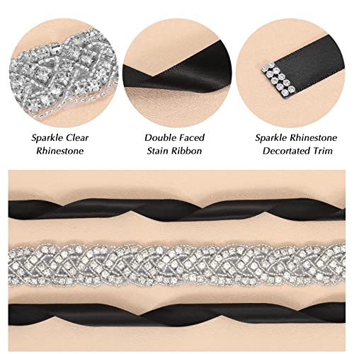 XZQTIVE Bridal Belt Handmade Crystal Rhinestone Braided Wedding Dress Sash Belt For Bridal Gowns, Silver, Black Organza