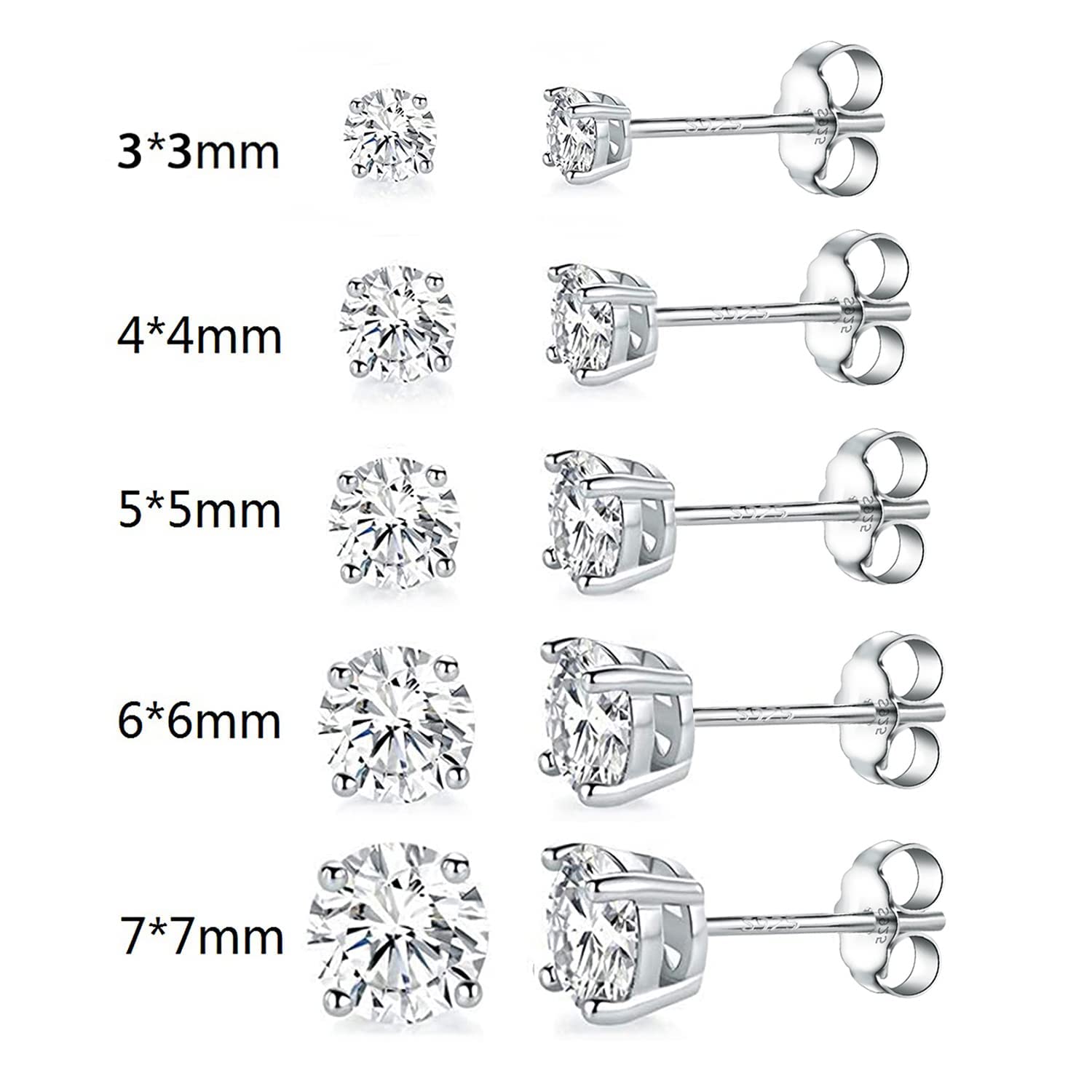 Pack of 5 Pairs 925 Sterling Silver Round Stud Earrings Set for Women and Men, 18K White Gold Plated Round Clear Cubic Zirconia Hypoallergenic Earrings 3-7mm