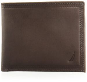 nautica men's sail embossed bifold leather wallet with 6 slots and rfid protection, brown