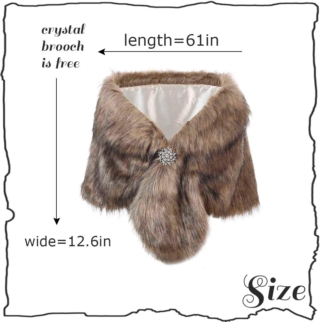 BODIY Bride Fur Shawls and Wraps 1920s Bridal Wedding Faux Fur Scarf Winter Sleeveless Fur Stole for Women and Bridesmaids (Brown)