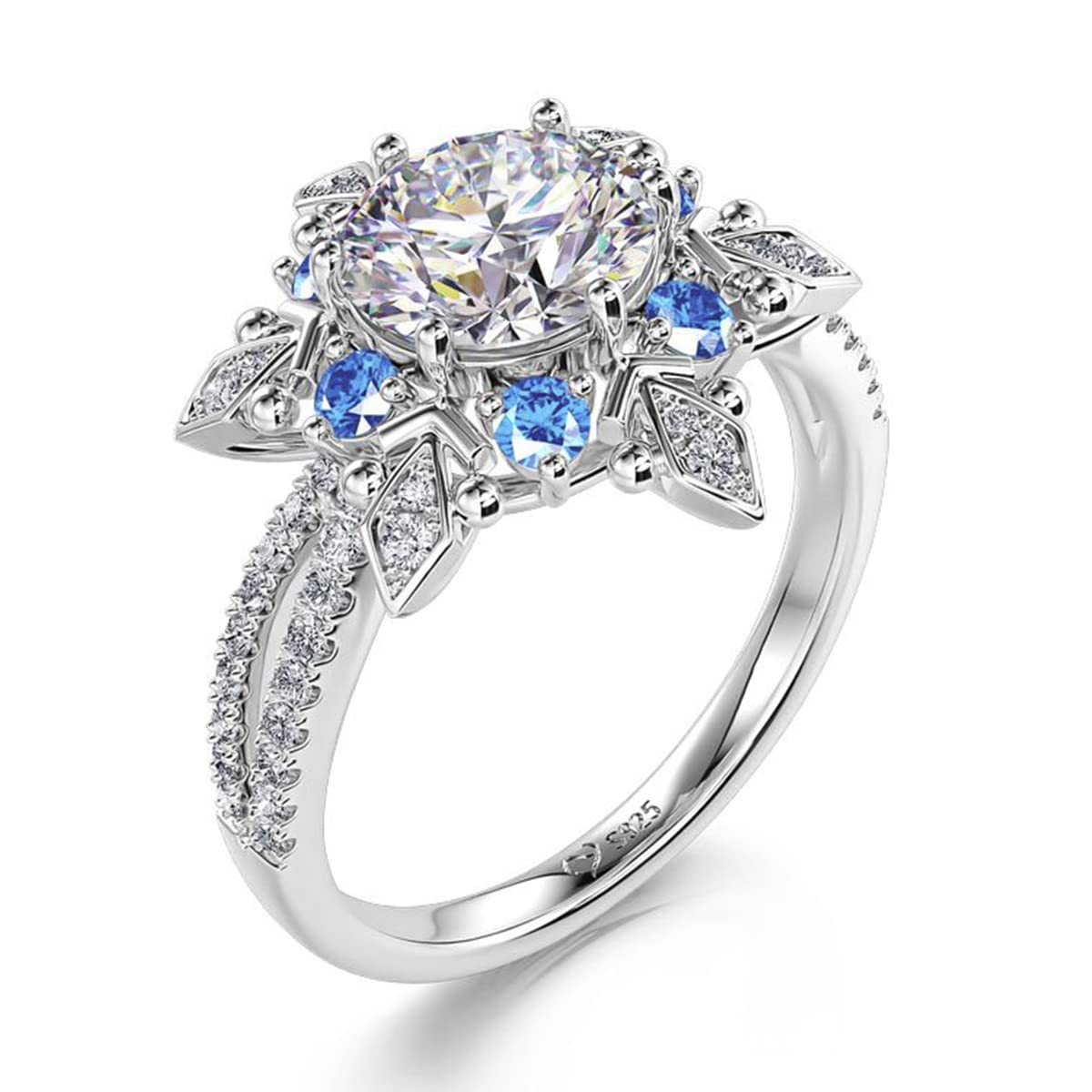 Jeulia Shining Winter Snowflake Ring Sterling Silver Round Cut Split Shank White/Blue Winter Accessory Sparkle Christmas Gem Fine diamond Jewelry Ring engagement Anniversary wedding Bridal Set (White-Blue, 8.5)