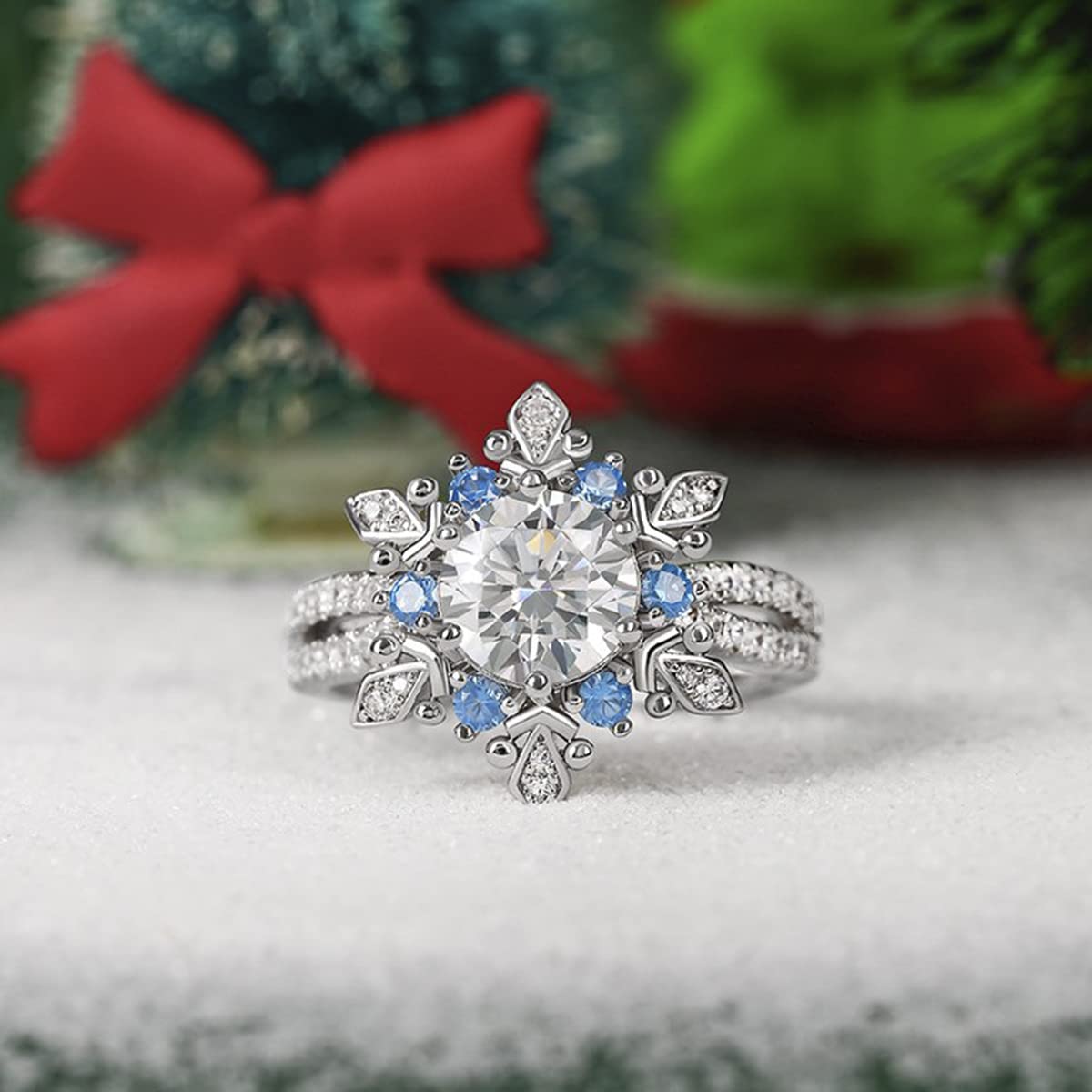 Jeulia Shining Winter Snowflake Ring Sterling Silver Round Cut Split Shank White/Blue Winter Accessory Sparkle Christmas Gem Fine diamond Jewelry Ring engagement Anniversary wedding Bridal Set (White-Blue, 8.5)