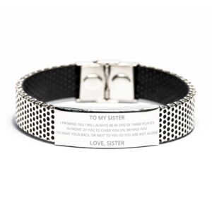 darin gift to my sister stainless steel bracelet gifts from sister - i promise you i will always be in one of three places - motivational christmas birthday gifts for women her, silver engraved