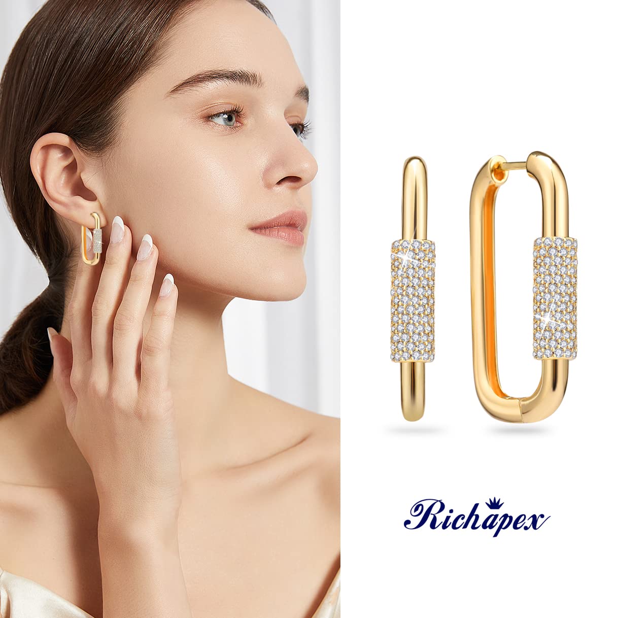 Richapex Chunky Hoop Earrings for Women 18K Gold Plated Fashion Gold Hoop Earrings Hypoallergenic Rectangle Thick Earrings with Cubic Zirconia