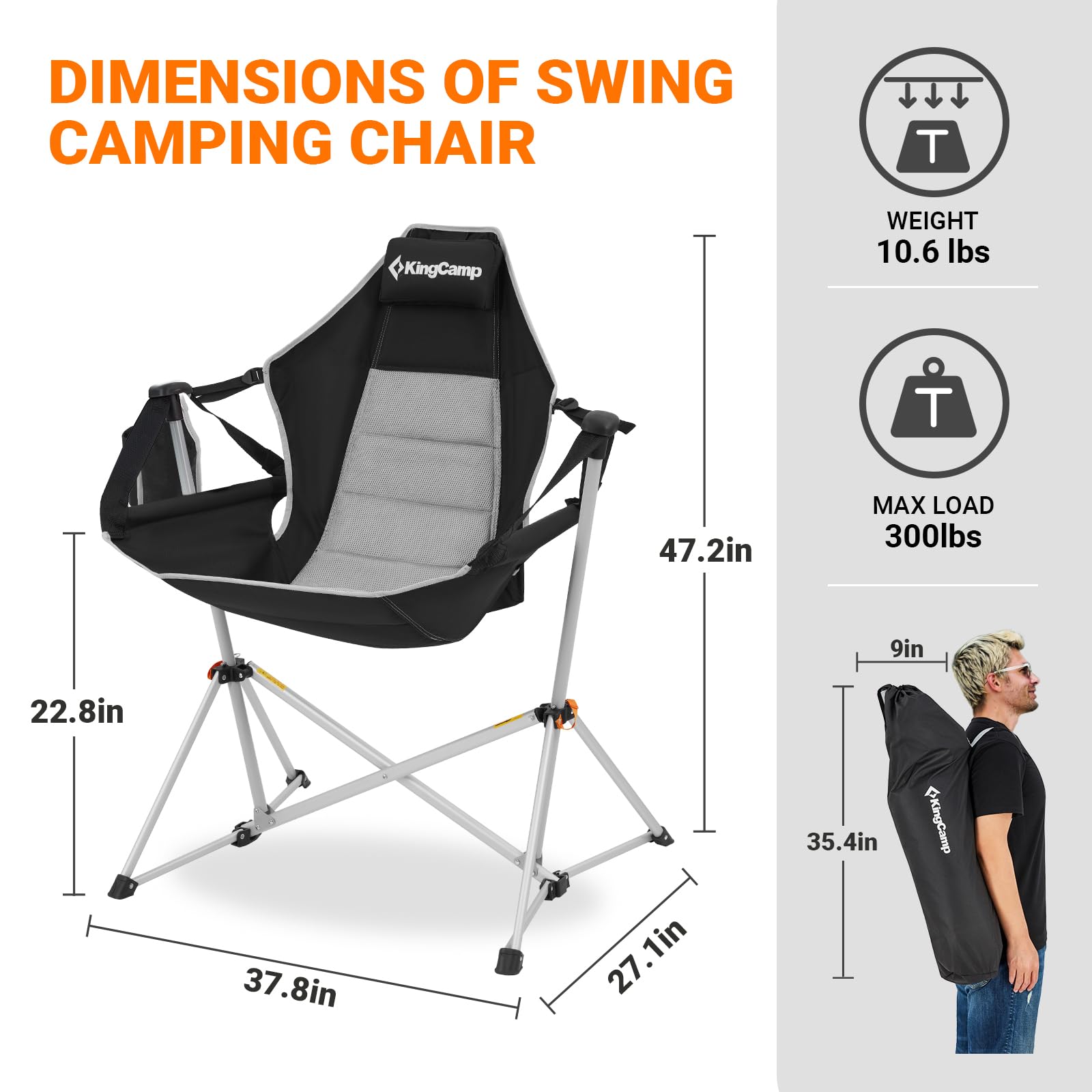 KingCamp Hammock Camping Chair Swinging Rocking Chair for Adults Lawn Beach Camp Outside Portable Folding Chair Hold Up to 264lbs with Adjustable Back Support Carrying Bag Cup Holder