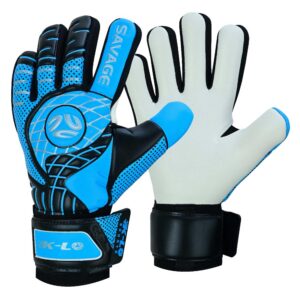 k-lo goalkeeper gloves: savage rise soccer goalie gloves - blue size 8 (unisex, youth, kids & adult) - fingersaves for protection | strong grip palm