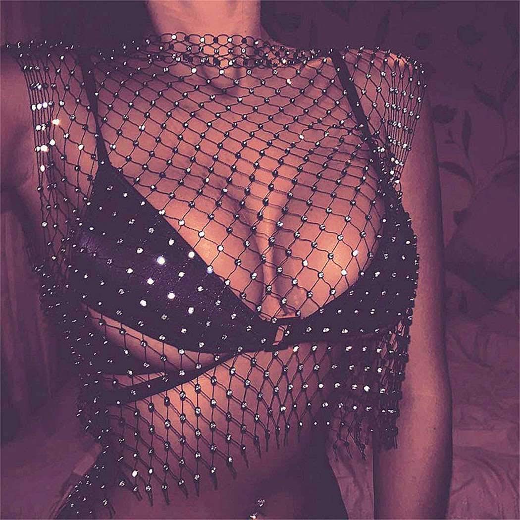 DRESBE Rhinestone Mesh Body Chains Hollow Tank Tops Bikini Crop Top Party Body Jewelry Accessories for Women and Girls (Black-O Neck-L)