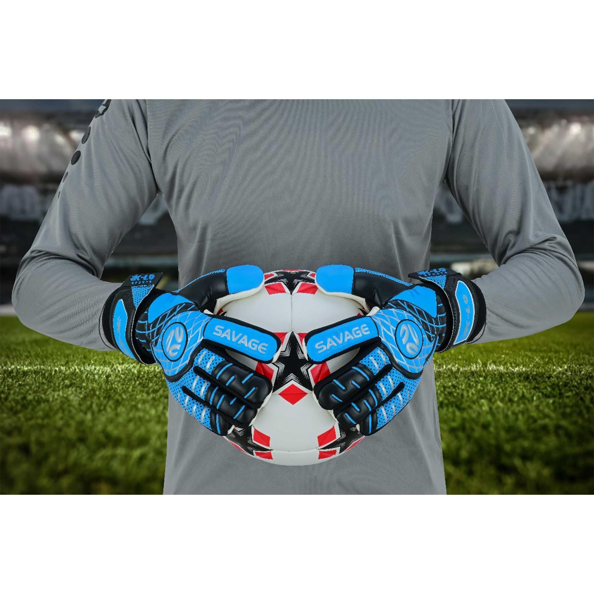 K-LO Goalkeeper Gloves: Savage Rise Soccer Goalie Gloves - Blue Size 8 (Unisex, Youth, Kids & Adult) - Fingersaves for Protection | Strong Grip Palm