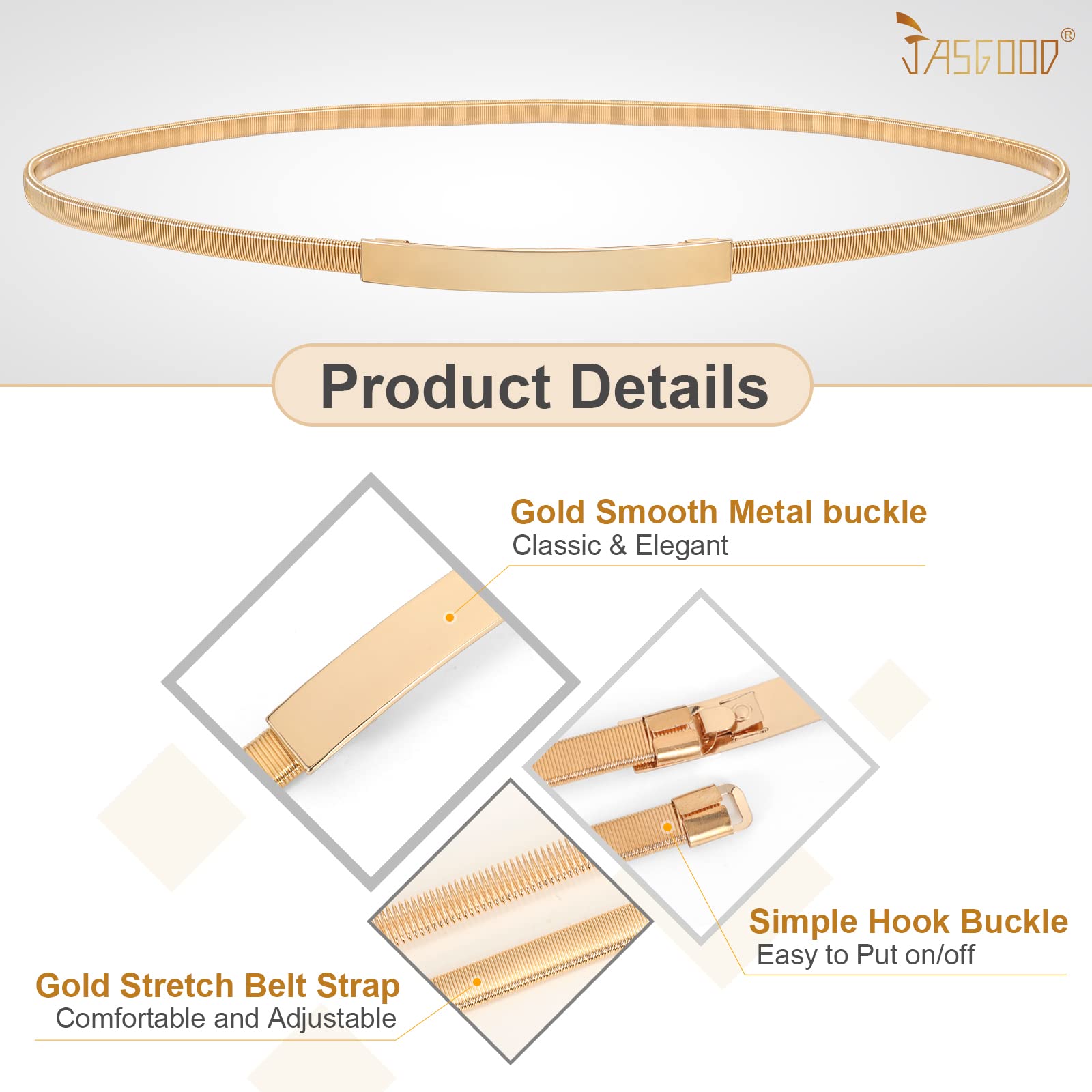 JASGOOD Women Skinny Metal Waist Belt Gold Waistband Elastic Metal Chain Waist Belt for Dress