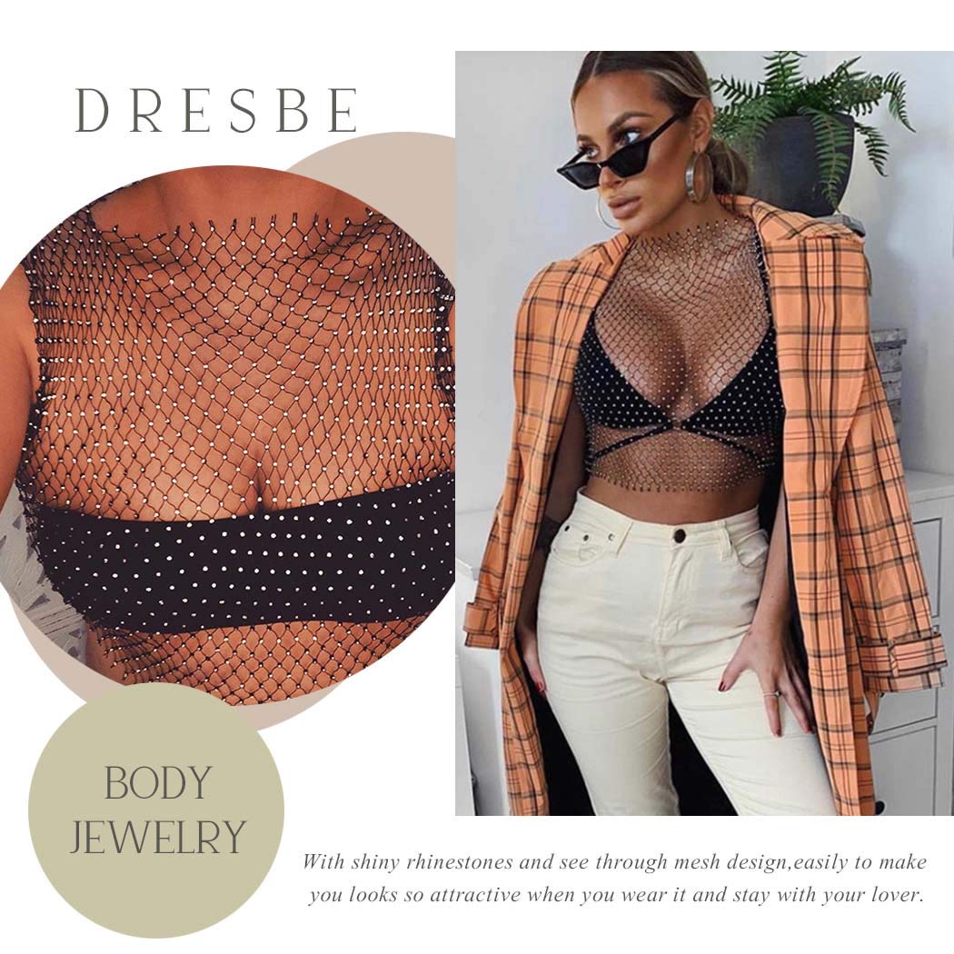 DRESBE Rhinestone Mesh Body Chains Hollow Tank Tops Bikini Crop Top Party Body Jewelry Accessories for Women and Girls (Black-O Neck-L)