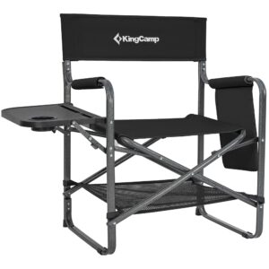 kingcamp premium extra heavy duty wide camping directors chairs supports 300lbs for adults, padded folding portable camping chair with side table storage pockets carry straps, black