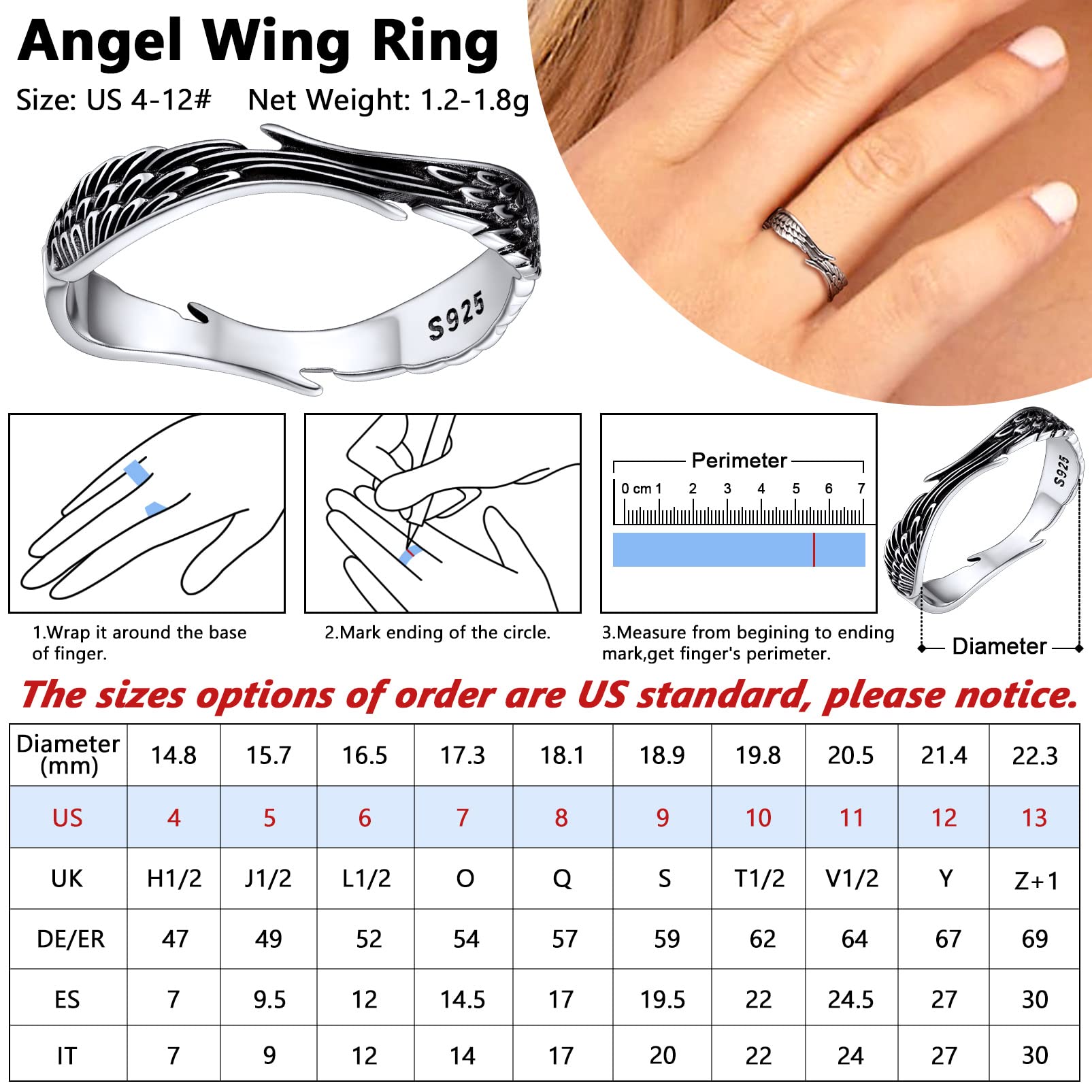 Sterling Silver Women Rings Size 9 Angel Wings Thumb Finger Wedding Band for Couple