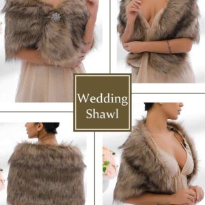 BODIY Bride Fur Shawls and Wraps 1920s Bridal Wedding Faux Fur Scarf Winter Sleeveless Fur Stole for Women and Bridesmaids (Brown)